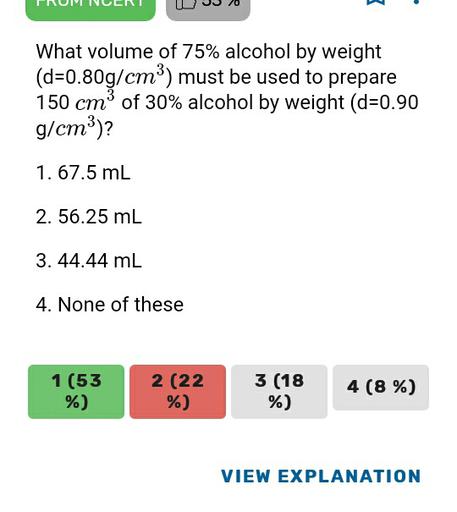What volume of 75% alcohol by weight (d=0... - Physical Chemistry