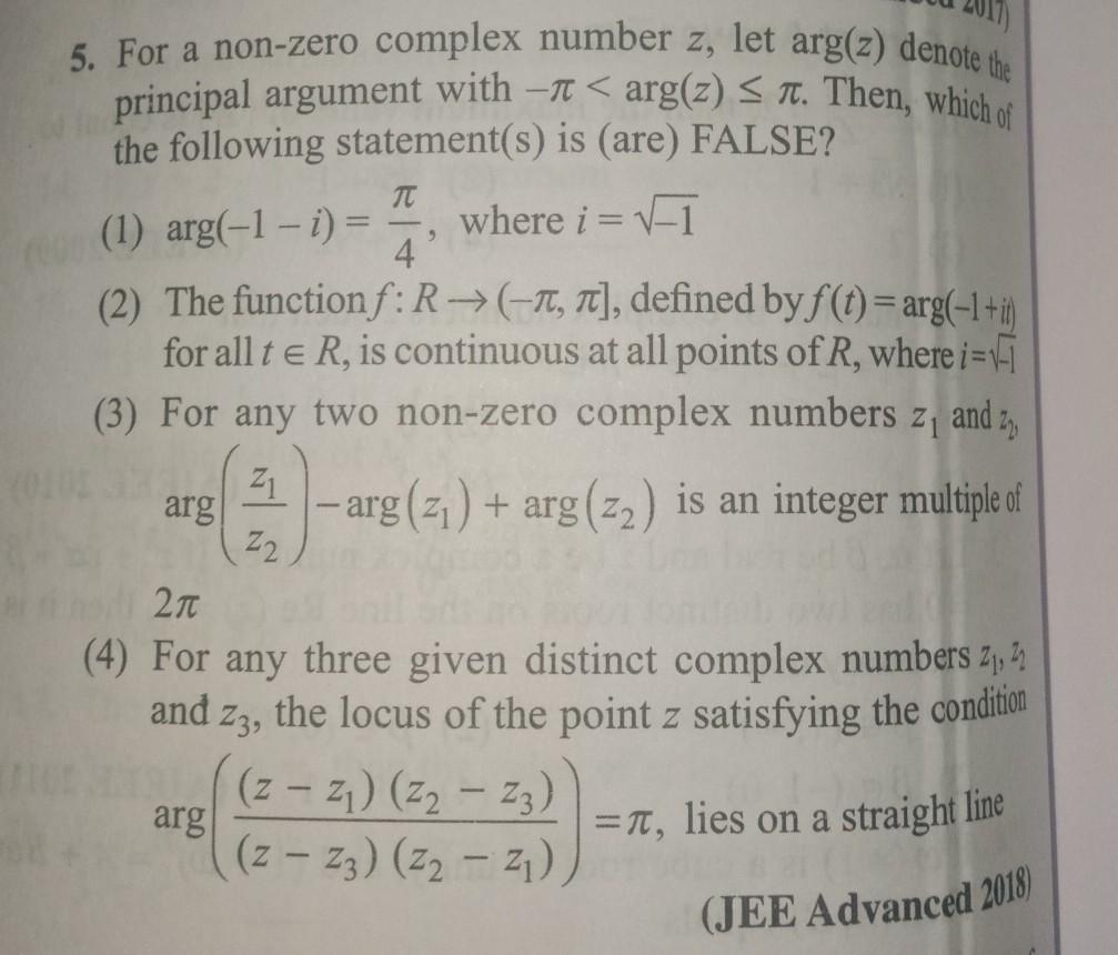 TT 5 For A Non zero Complex Number Z Let Arg 2 Denot Math TT 5 For A Non zero Complex Number Z Let Arg 2 Denot Math