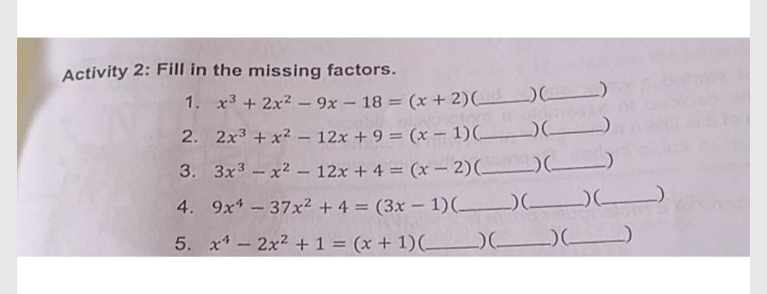 Activity 2 Fill In The Missing Factors 1 X3 2x2 Math Activity 2 Fill In The Missing Factors 1 X3 2x2 Math