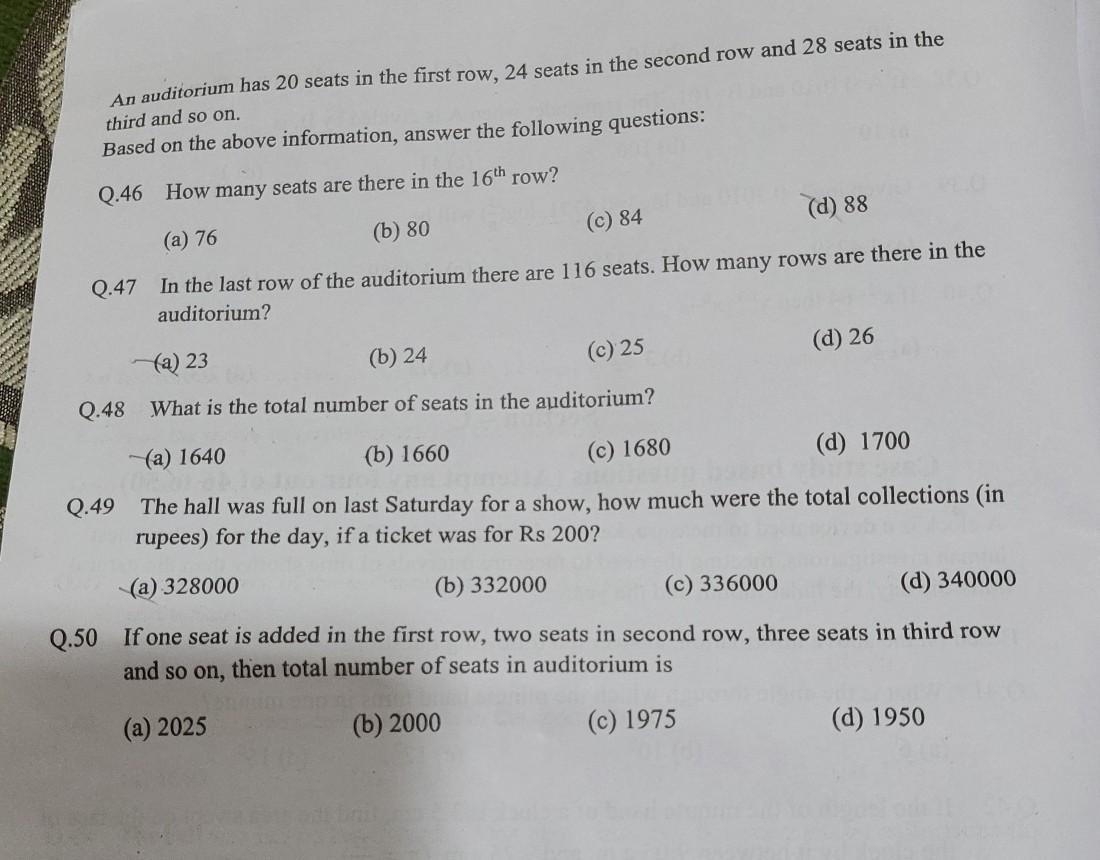 An Auditorium Has 20 Seats In The First Row 24 Seats I Math An Auditorium Has 20 Seats In The First Row 24 Seats I Math