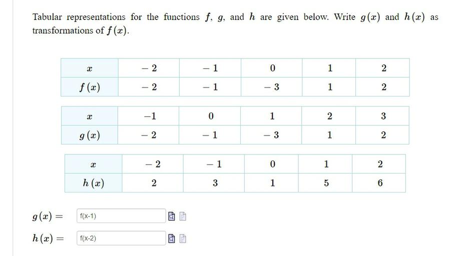 Tabular representations for the functions f, g, and h a... - Math Tabular representations for the functions f, g, and h a... - Math