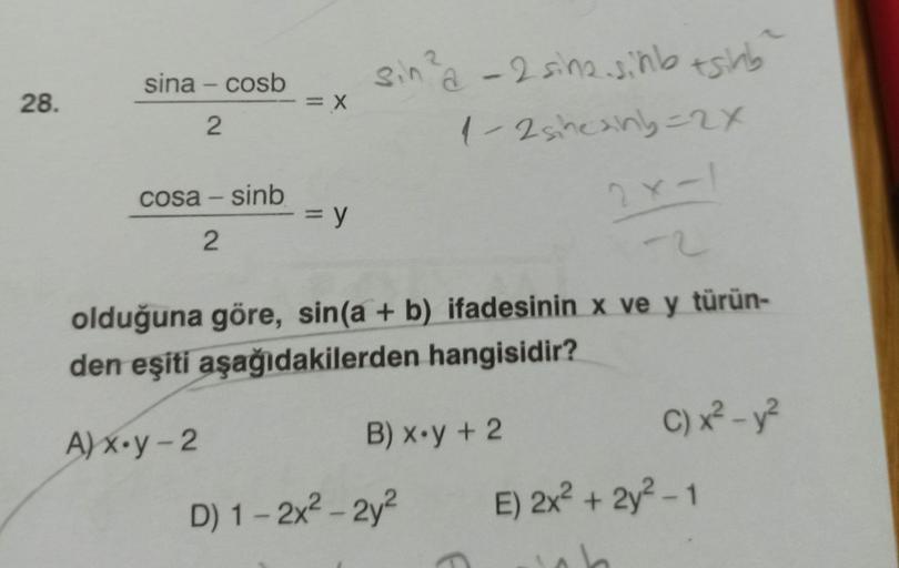 sin @ -2 sina.sinbeshb sina - cosb 28. 1-2she... - Lise Matematik