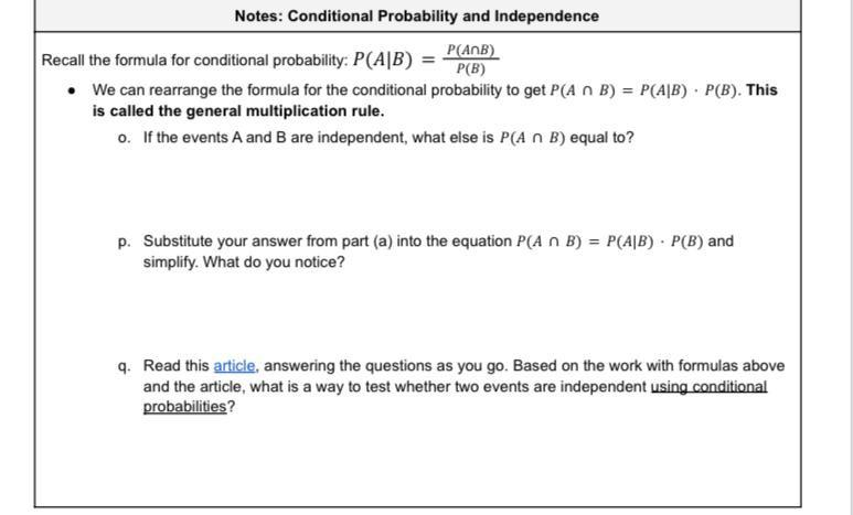 Notes: Conditional Probability and Independence P(ANB) ... - Math