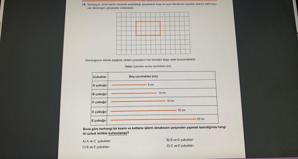 14. Marangoz, birim kareli zeminde tasarladığı çerçevenin kısa ve uzun ...