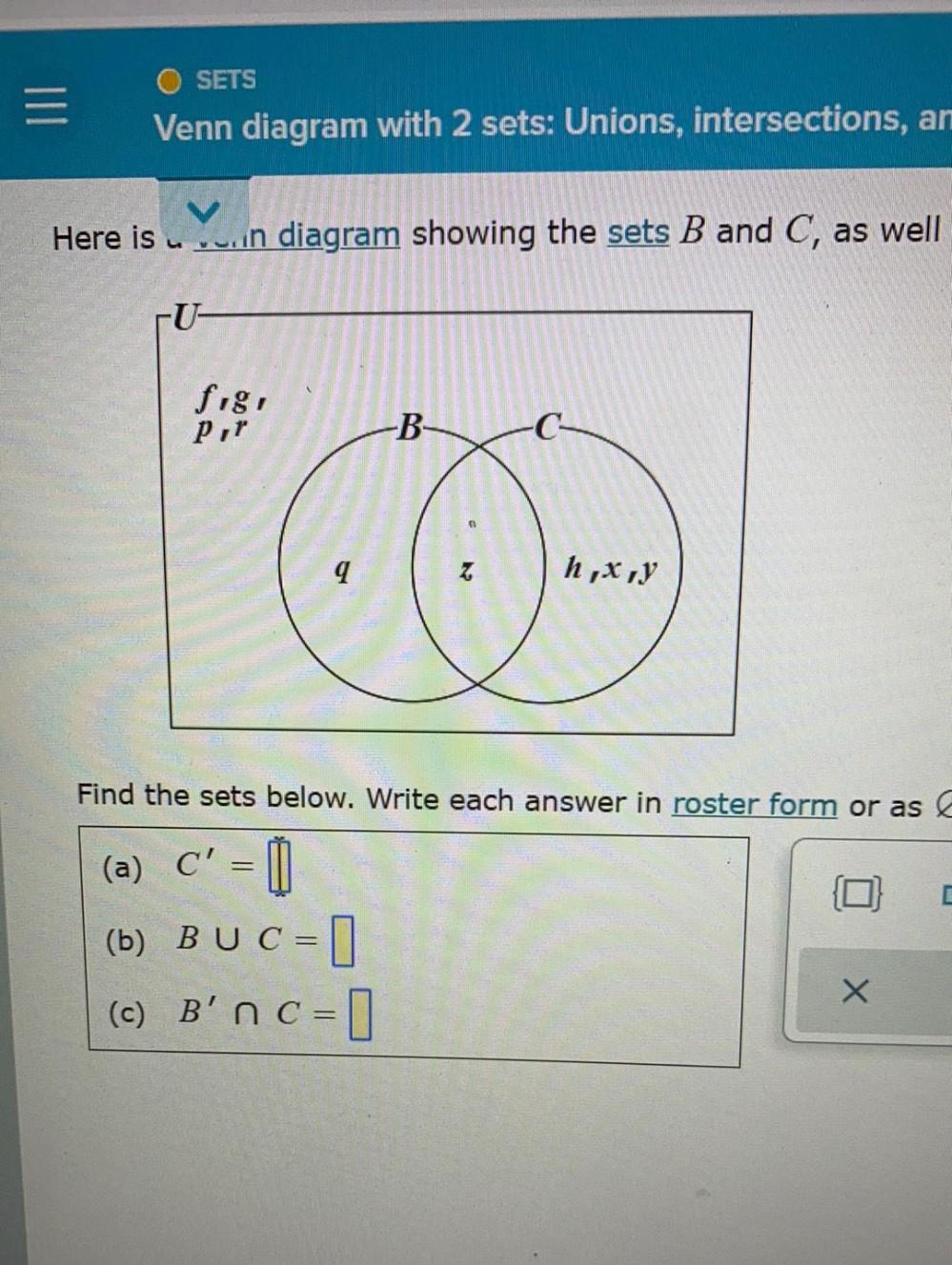 = O SETS Venn diagram with 2 sets: Unions, intersection... - Math