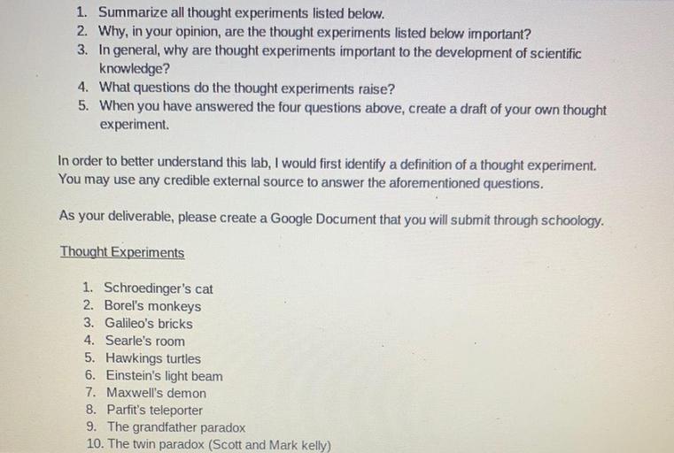 1 Summarize All Thought Experiments Listed Below 2 Physics