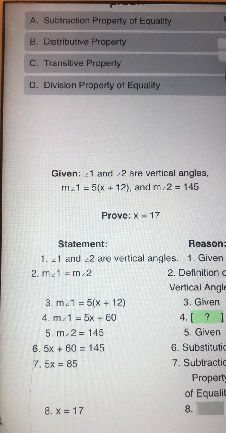 A. Subtraction Property of Equality B. Distributive Pro... - Math