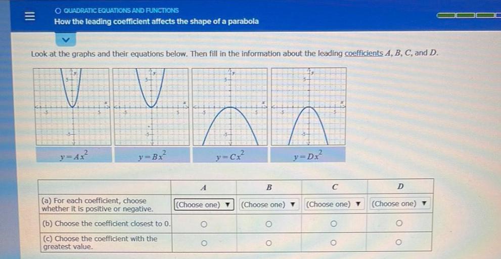 = O QUADRATIC EQUATIONS AND FUNCTIONS How the leading c... - Math