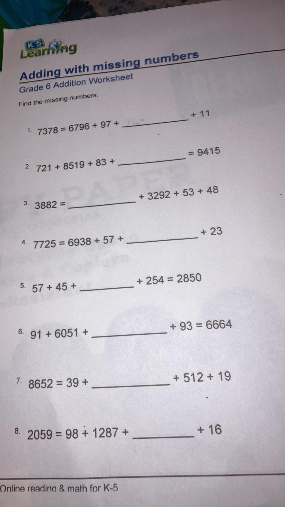 K5 Learning Adding With Missing Numbers Grade 6 Additio Math K5 Learning Adding With Missing Numbers Grade 6 Additio Math