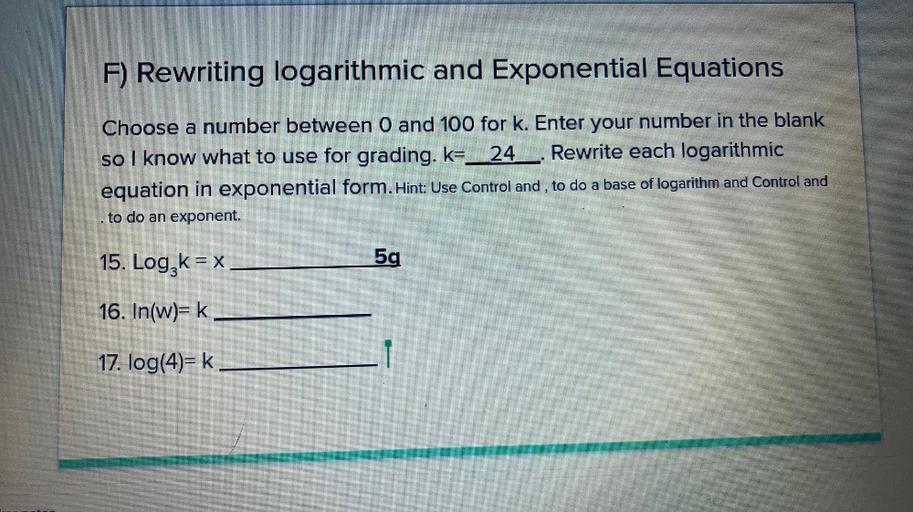 F) Rewriting logarithmic and Exponential Equations Choo... - Math