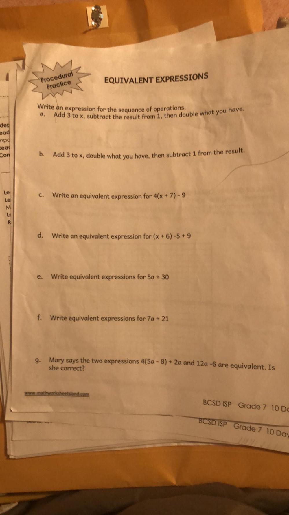 Procedural Practice EQUIVALENT EXPRESSIONS Write An Exp Math Procedural Practice EQUIVALENT EXPRESSIONS Write An Exp Math