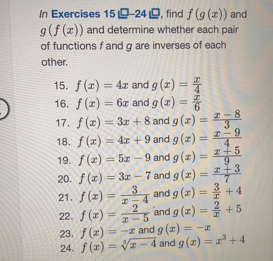 In Exercises 15 -24, find f (g(2)) and g(f (x)) and det... - Math
