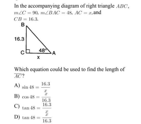 In the accompanying diagram of right triangle ABC, mZC ... - Math