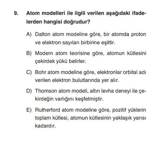 9. Atom modelleri ile ilgili verilen aşağıdaki ifade- ... - Kimya
