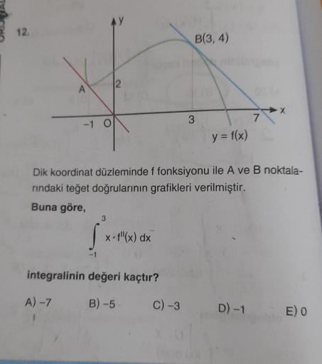 12. B(3, 4) 12 A x 3 7 -1 o y = f(x) Dik koor... - Lise Matematik