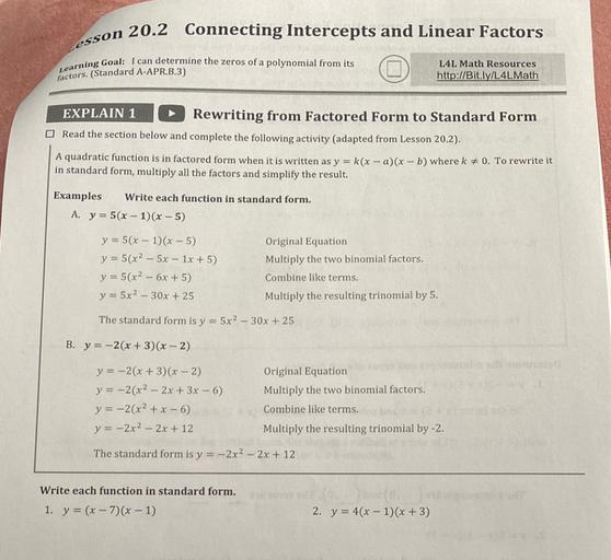 Esson 202 Connecting Intercepts And Linear Factors Lea Math