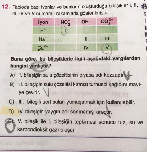 12. Tabloda bazı iyonlar ve bunların oluşturduğu bileş... - Kimya