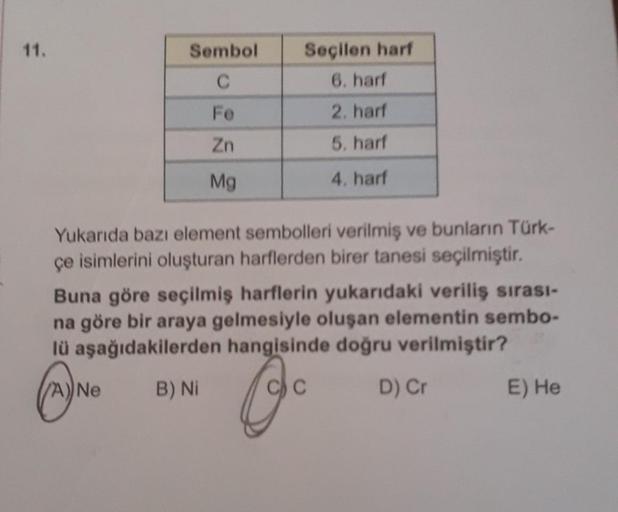 Sembol C Fe Zn Mg Ne Seçilen harf 6. harf 2. harf 5. h... - Kimya