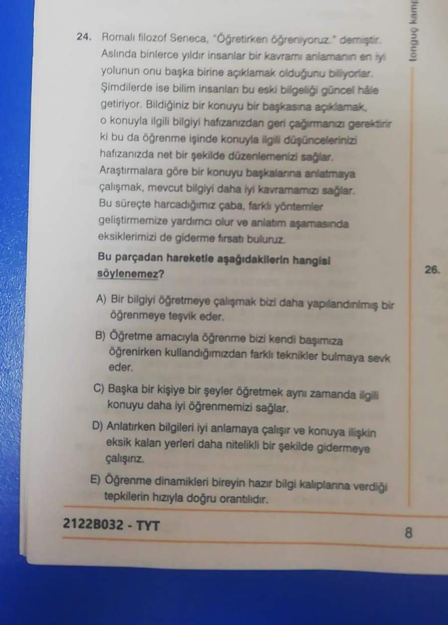 24. Romali filozof Seneca, "Öğretirken öğreniyoruz." demiştir. Aslında ...