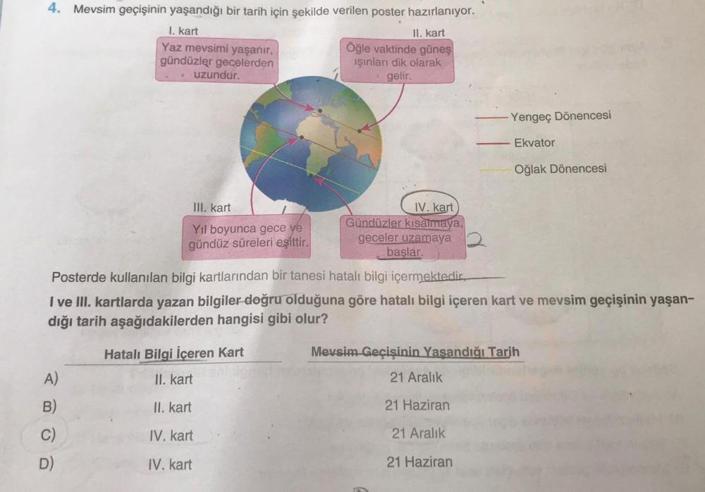 4. Mevsim geçişinin yaşandığı bir tarih... - Ortaokul Fen Bilgisi