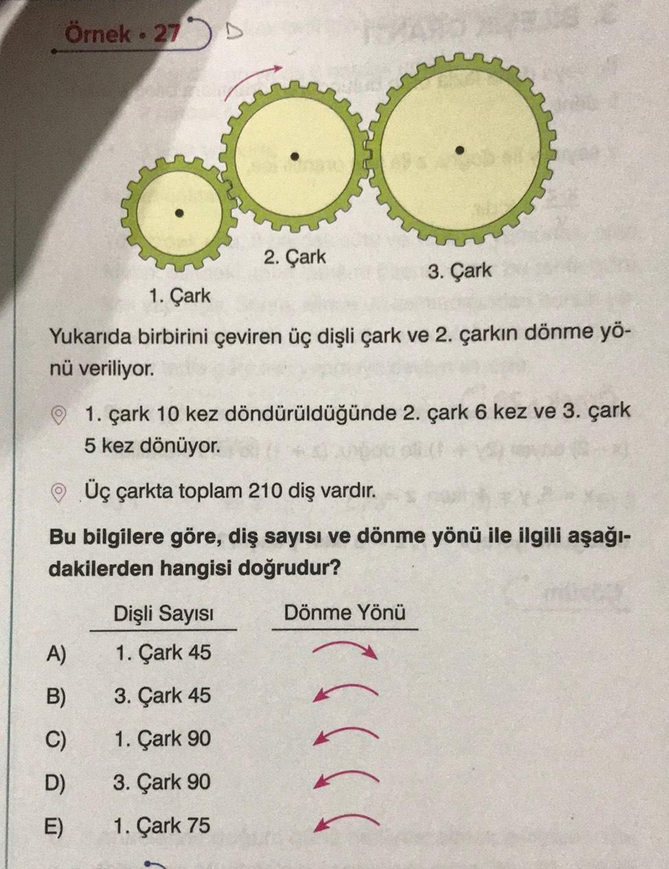 Örnek - 27 2. Çark 1. Çark Yukarıda birbirini çeviren üç dişli çark ve ...