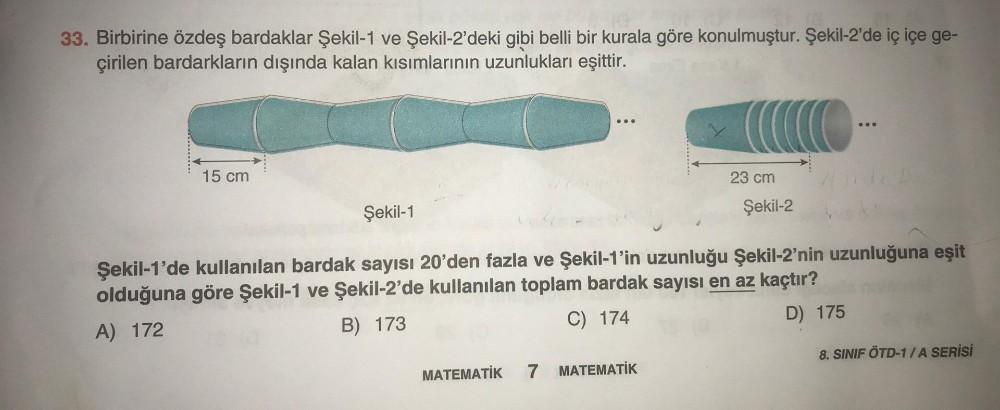 33. Birbirine özdeş bardaklar Şekil-1 ve ... - Ortaokul Matematik