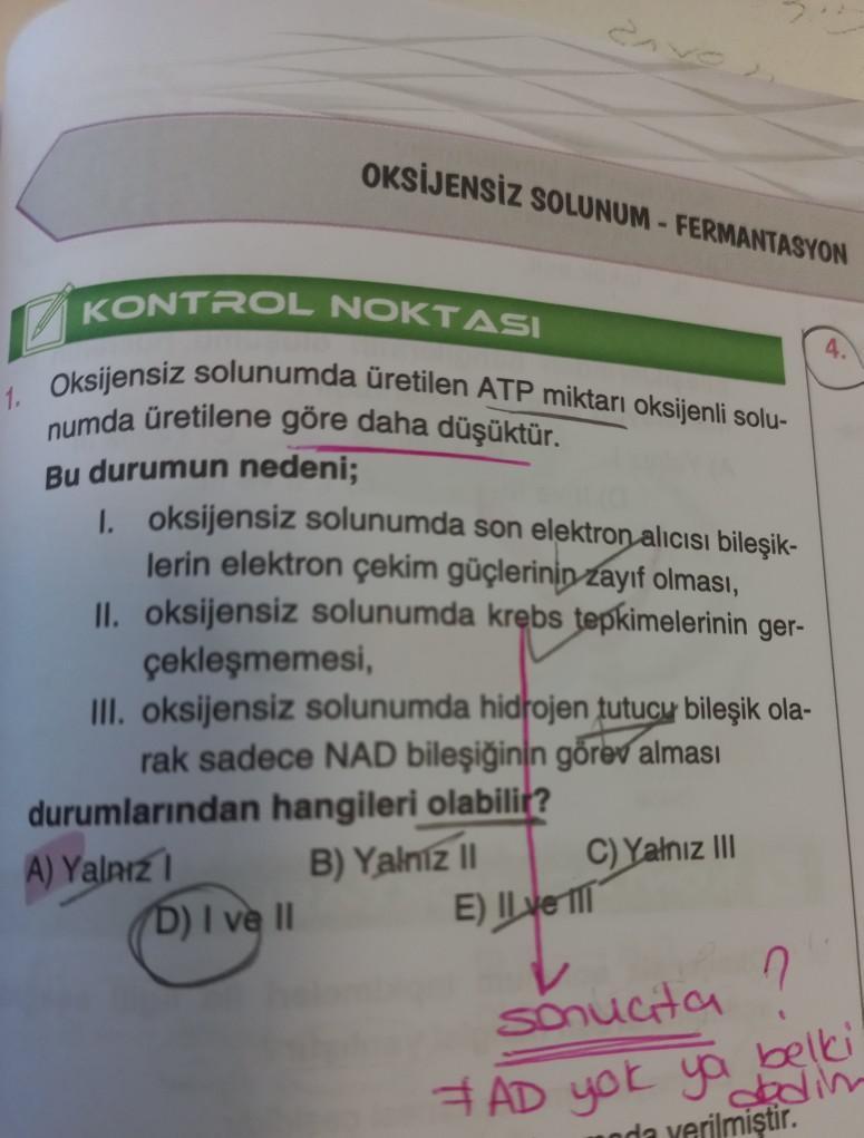 KONTROL NOKTASI 1. Oksijensiz solunumda üretilen ATP miktarı oksijenli ...