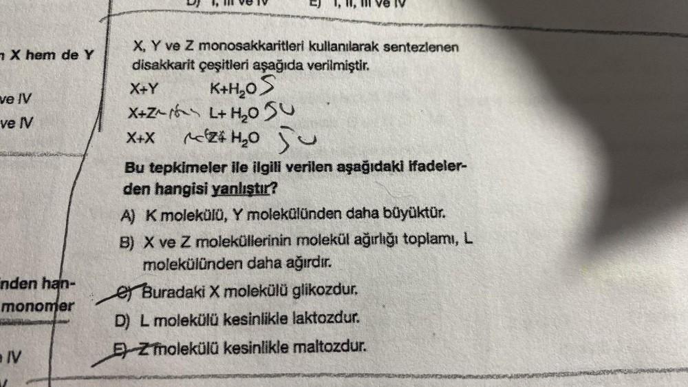 X hem de Y ve IV ve IV nden han- monomer a IV X, Y ... - Biyoloji
