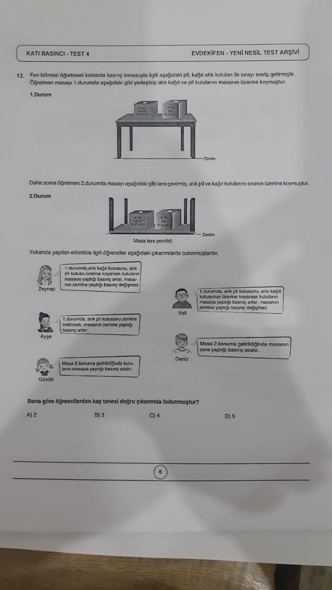 KATI BASINCI - TEST 4 12. Fen bilimleri... - Ortaokul Fen Bilgisi