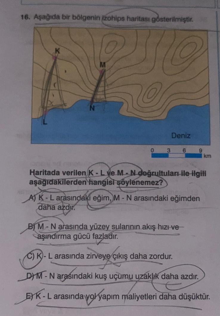 16. Aşağıda bir bölgenin izohips haritası gösterilm... - Coğrafya