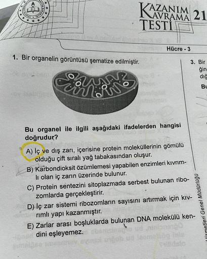 A ★ IDITNY ** * KAZANIM 21 AVRAMA TESTI 1. Bir organelin görüntüsü ...
