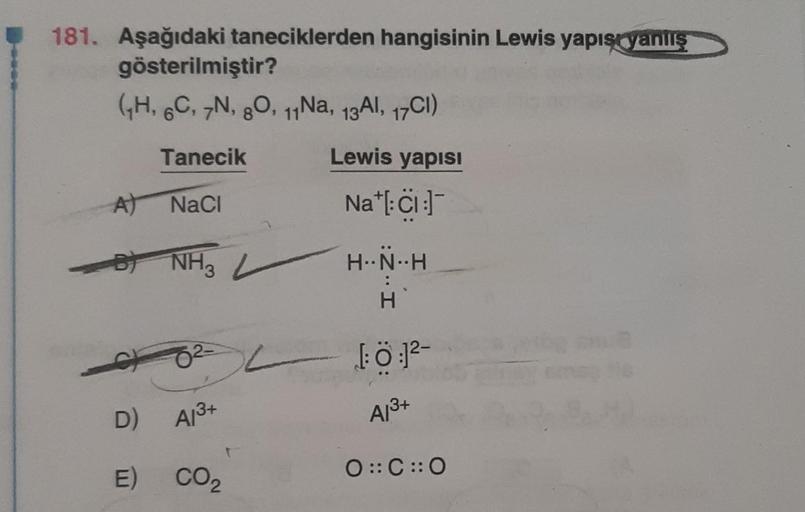 181. Aşağıdaki taneciklerden hangisinin Lewis yapışı yanlış gösterilmiştir? (₁H, 6C, 7N, 80 ...