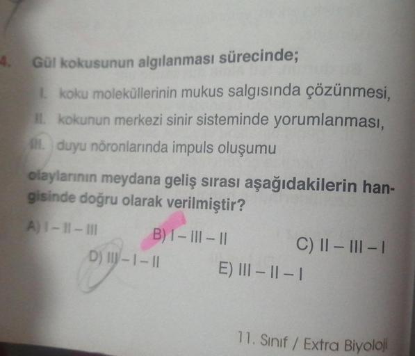 4. Gül kokusunun algılanması sürecinde; 1. koku moleküllerinin mukus ...