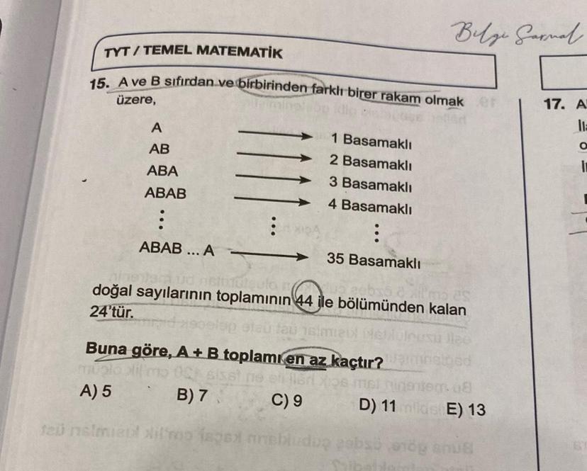 TYT/TEMEL MATEMATİK 15. A ve B sıfırdan ve birbirinden farklı birer ...