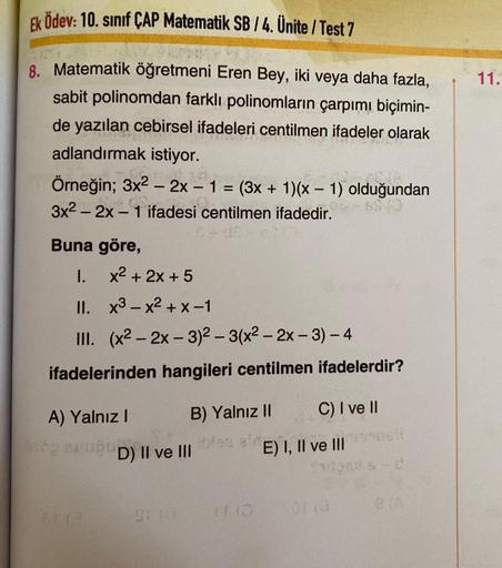 Ek Ödev: 10. sınıf ÇAP Matematik SB / 4. Ünite / Test 7 8. Matematik ...