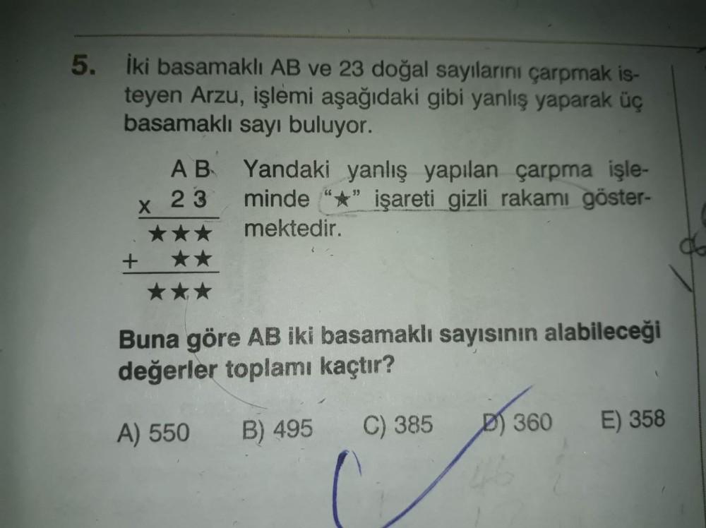 5. İki basamaklı AB ve 23 doğal sayılarını çarpmak is- teyen Arzu ...