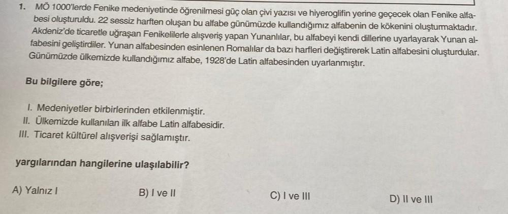 1. MÖ 1000'lerde Fenike medeniyetinde ö... - Ortaokul Fen Bilgisi
