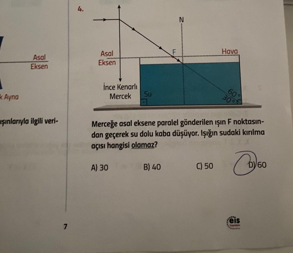 I k Ayna Asal Eksen ışınlarıyla ilgili veri- 7 4. Asal Eksen İnce Kenarlı Mercek Su A) 30 LL B ...