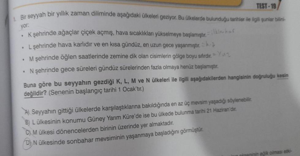 1. Bir seyyah bir yıllık zaman dilimind... - Ortaokul Fen Bilgisi