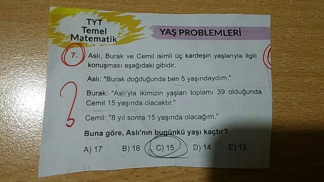 TYT Temel Matematik YAŞ PROBLEMLERİ Asli, Burak ve Cemil isimli üç ...