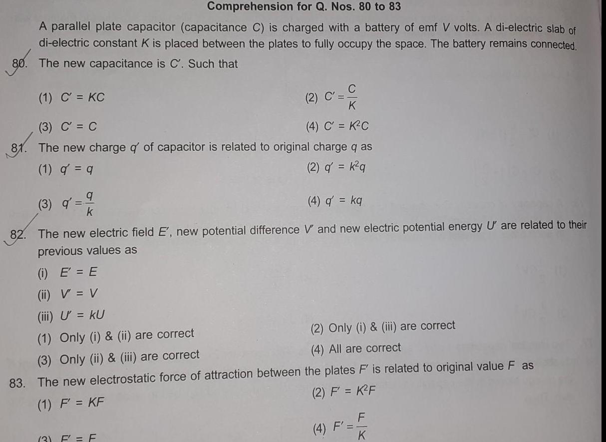 [ANSWERED] Comprehension for Q Nos 80 to 83 A parallel plate capacitor ...