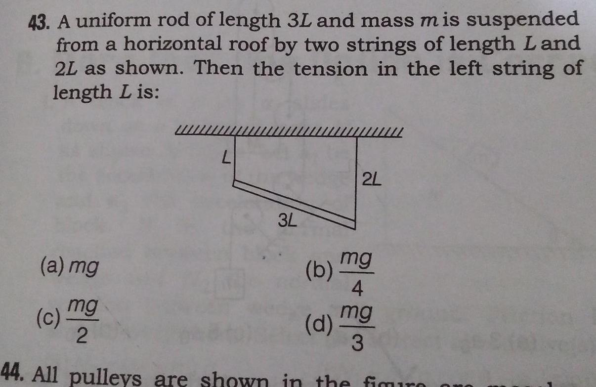 [ANSWERED] 43 A uniform rod of length 3L and mass mis suspended from a ...