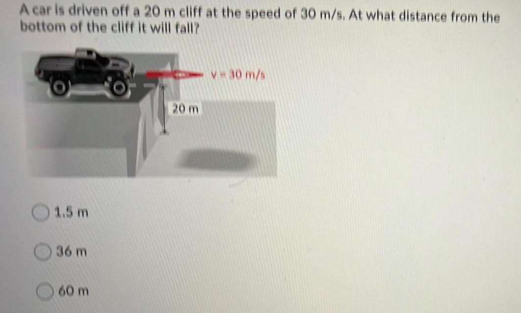 [ANSWERED] A car is driven off a 20 m cliff at the speed of 30 m s At ...