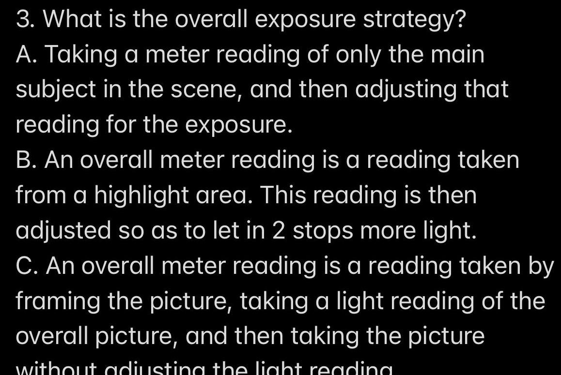 [ANSWERED] 3 What is the overall exposure strategy A Taking a meter ...