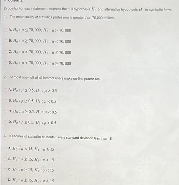 [ANSWERED] 5 points For each statement express the null hypothesis Ho - Kunduz