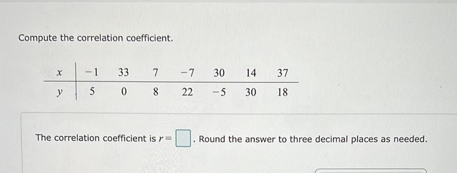 [answered] Compute The Correlation Coefficient X Y 1 5 33 0 7 8 The Kunduz