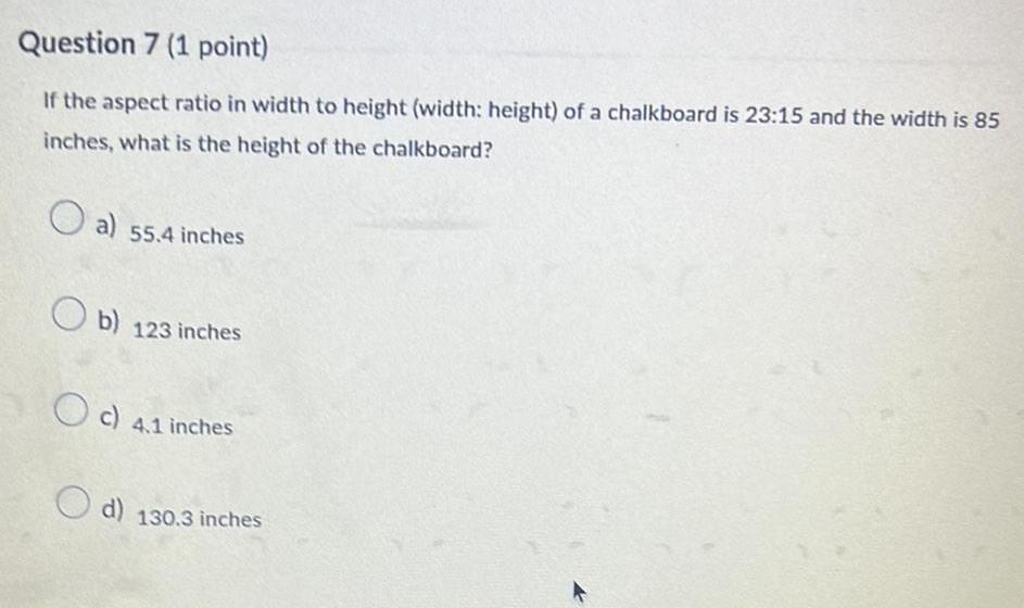 [ANSWERED] Question 7 1 point If the aspect ratio in width to height ...