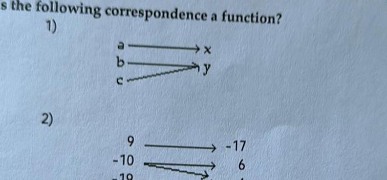 [ANSWERED] s the following correspondence a function 1 2 a b 9 10 19 X ...