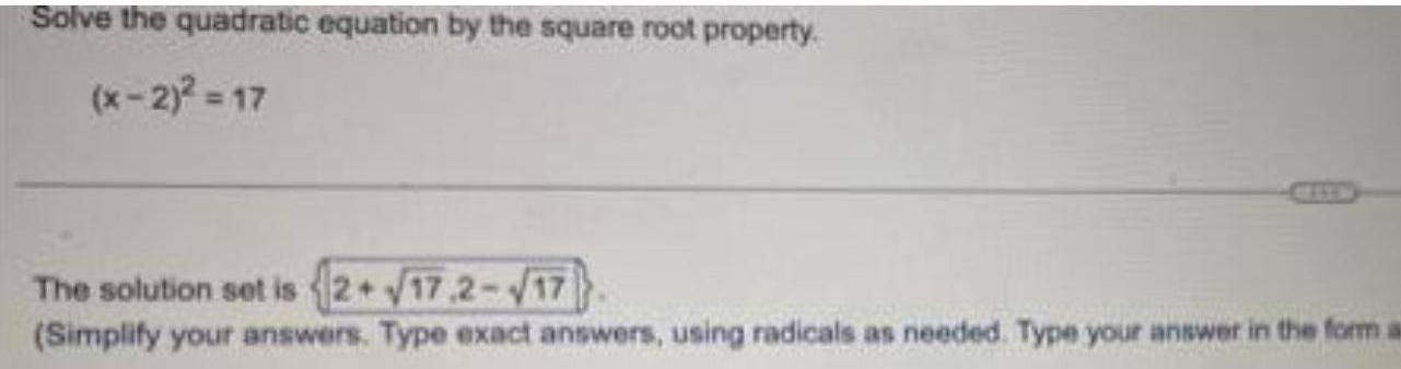 ANSWERED Solve The Quadratic Equation By The Square Root Prop Algebra answered-solve-the-quadratic-equation-by-the-square-root-prop-algebra