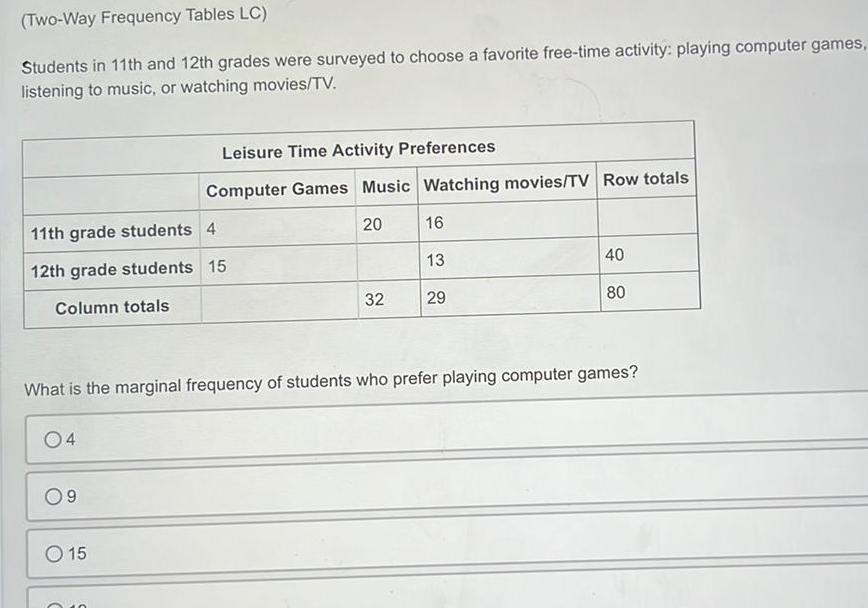 [ANSWERED] Two Way Frequency Tables LC Students in 11th and 12th grades ...